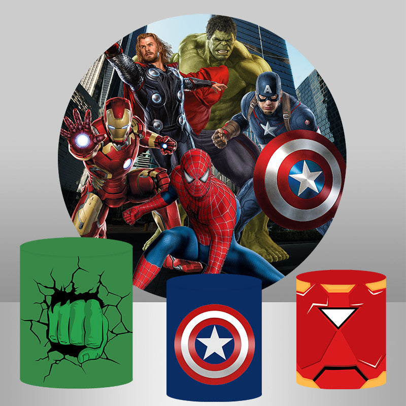 Custom Cartoon Superhero Round Backdrop Man Kids Birthday Party Circle ...