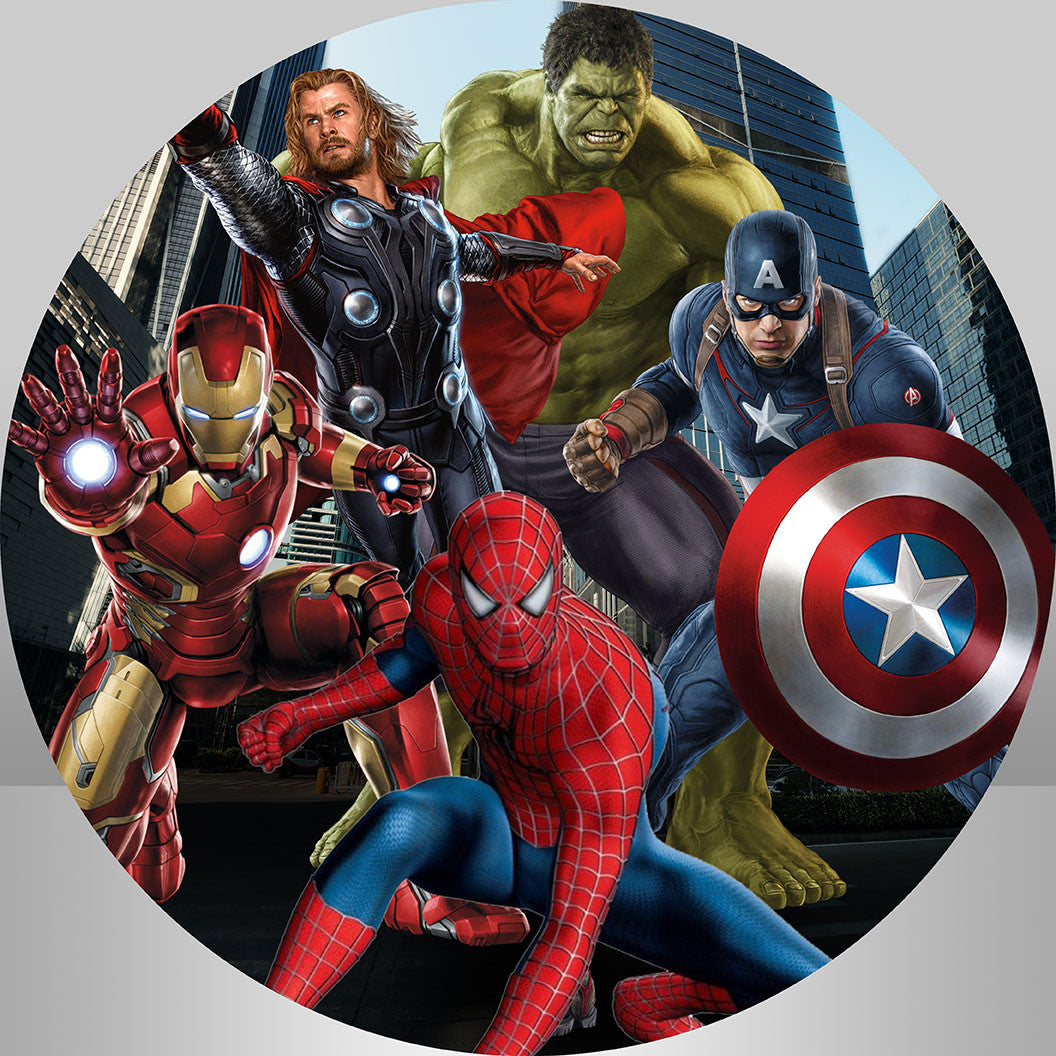 Custom Cartoon Superhero Round Backdrop Man Kids Birthday Party Circle ...