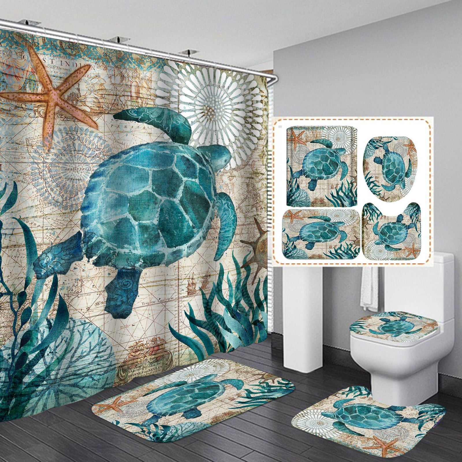 Turtle Sea Horse Dolphin Print Shower Curtain Set Bathroom Bathing Scr ...