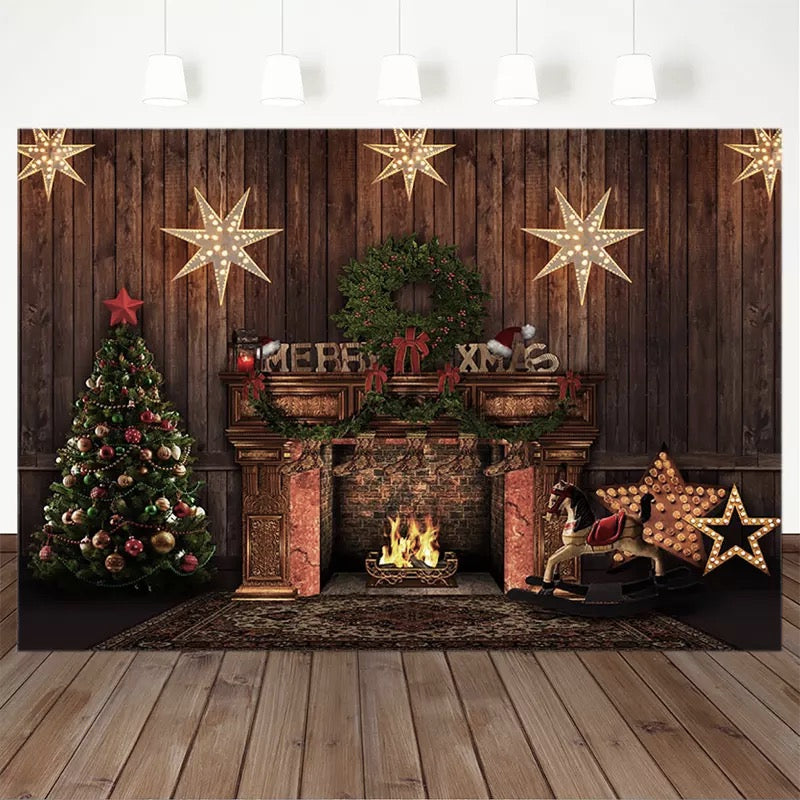 Christmas Backdrop Wood Board Winter Tree Snow Branch Snowman Reindeer ...